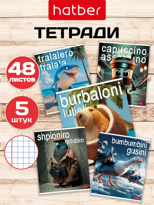 Тетрадь 48 листов в клетку 5 штук Тралалеро тралала Hatber